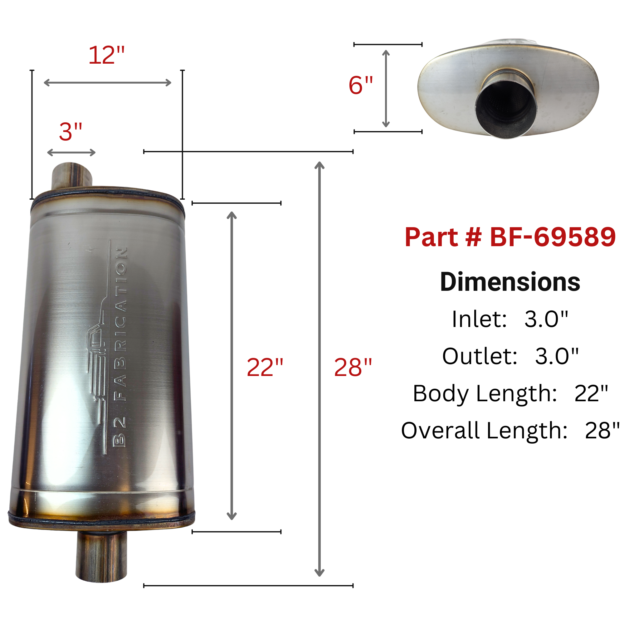 Stainless Oval Muffler, Single Inlet/Outlet (3.0" and 2.5")